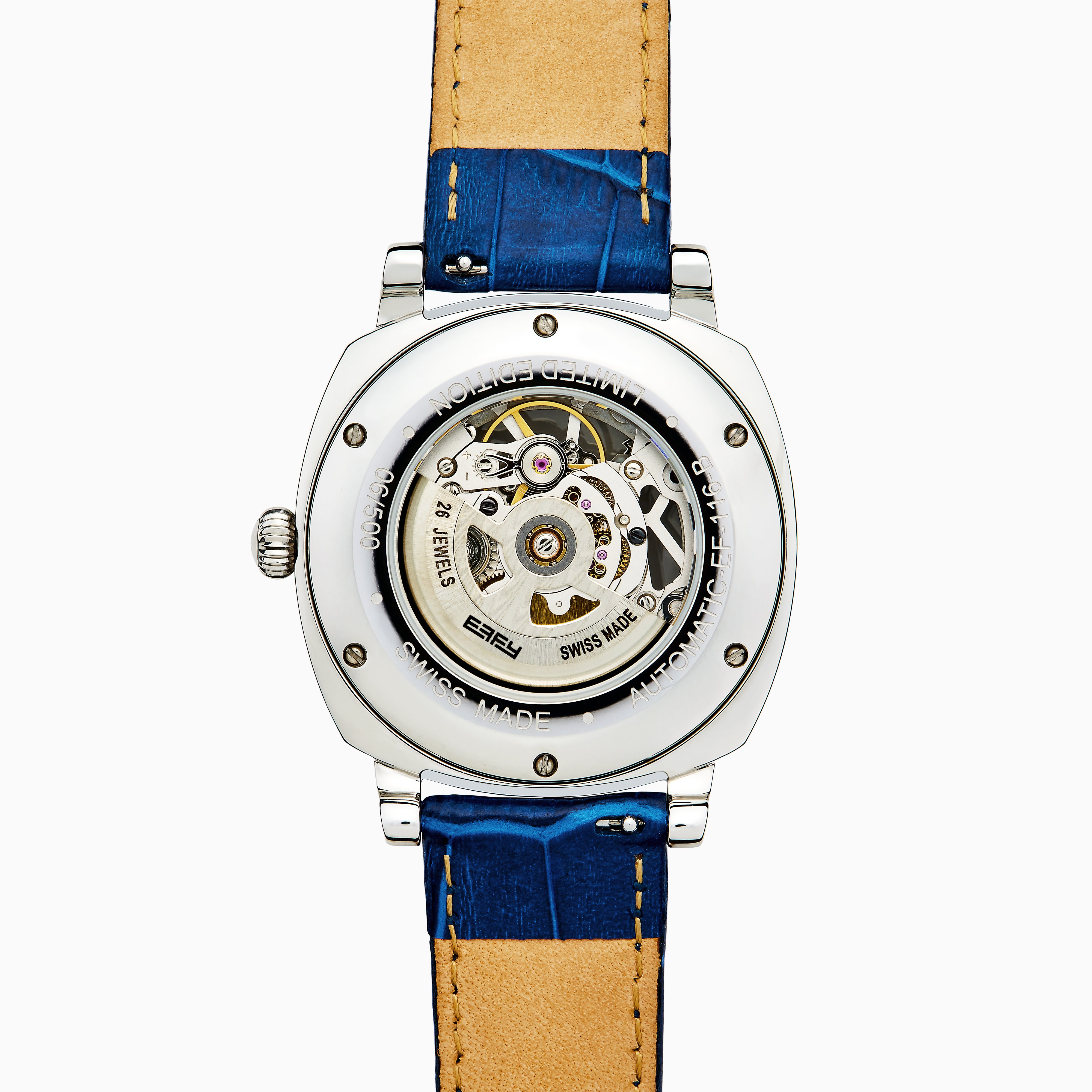 Men's Skeleton 41mm Sapphire Crystal Stainless Steel and Blue Leather ...