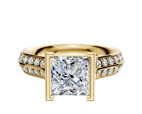 14K Yellow Gold Bezel Half Bezel North/South Cathedral Knife Edge 1-Row-Pave 2.5mm Engagement Ring