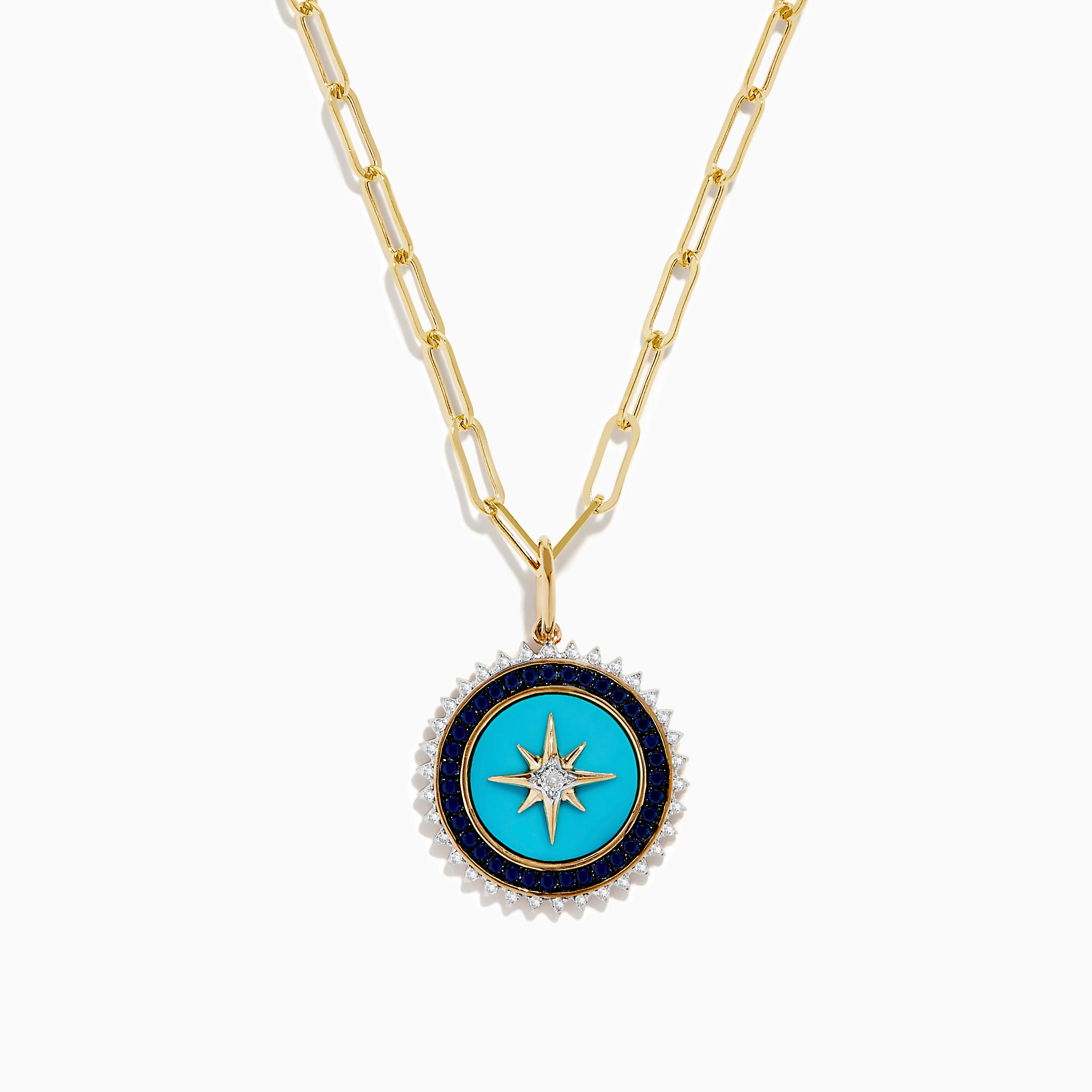 Novelty 14K Gold Sapphire, Turquoise & Diamond Compass Paperclip chain ...
