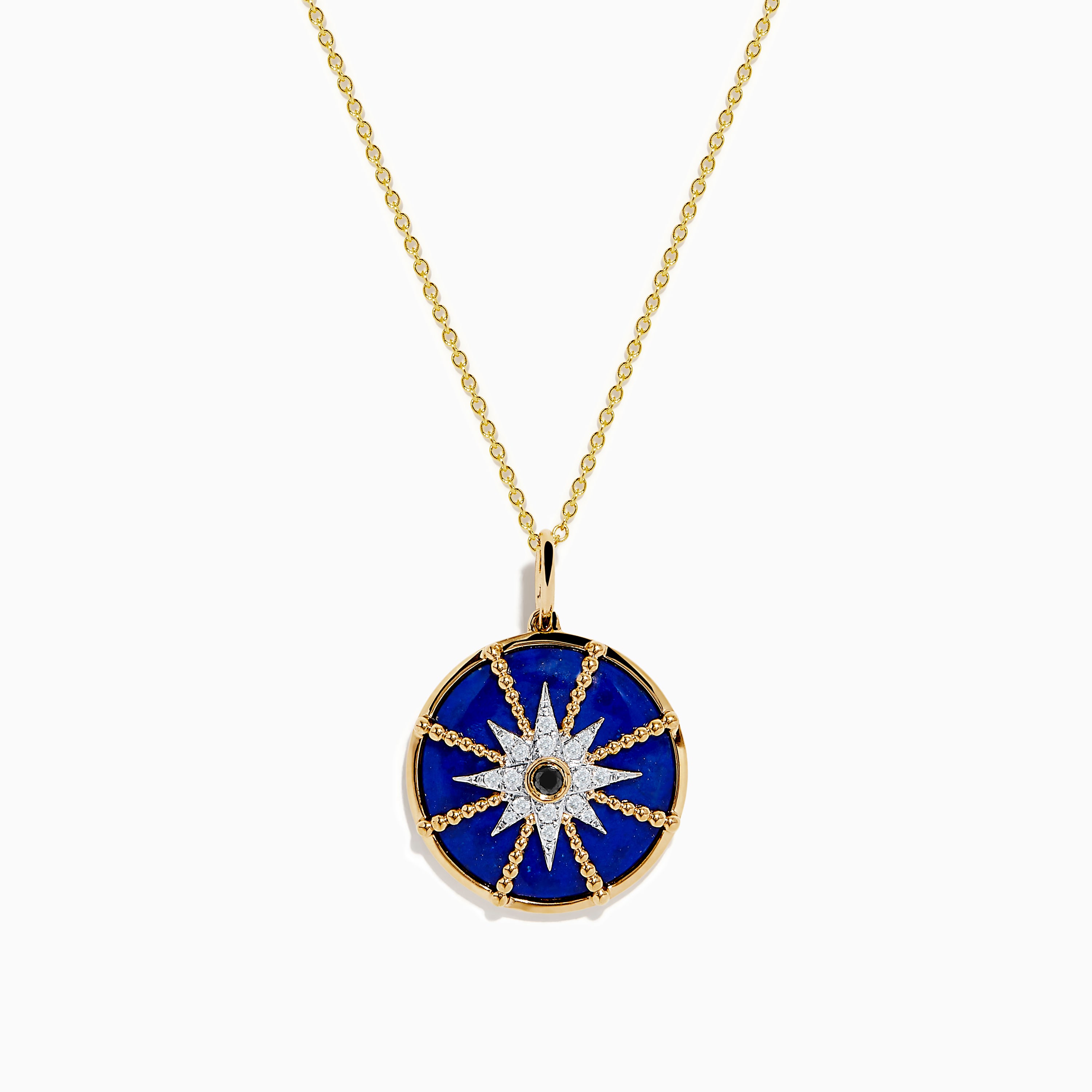 14K Yellow Gold Lapis, White and Black Diamond Compass Pendant ...