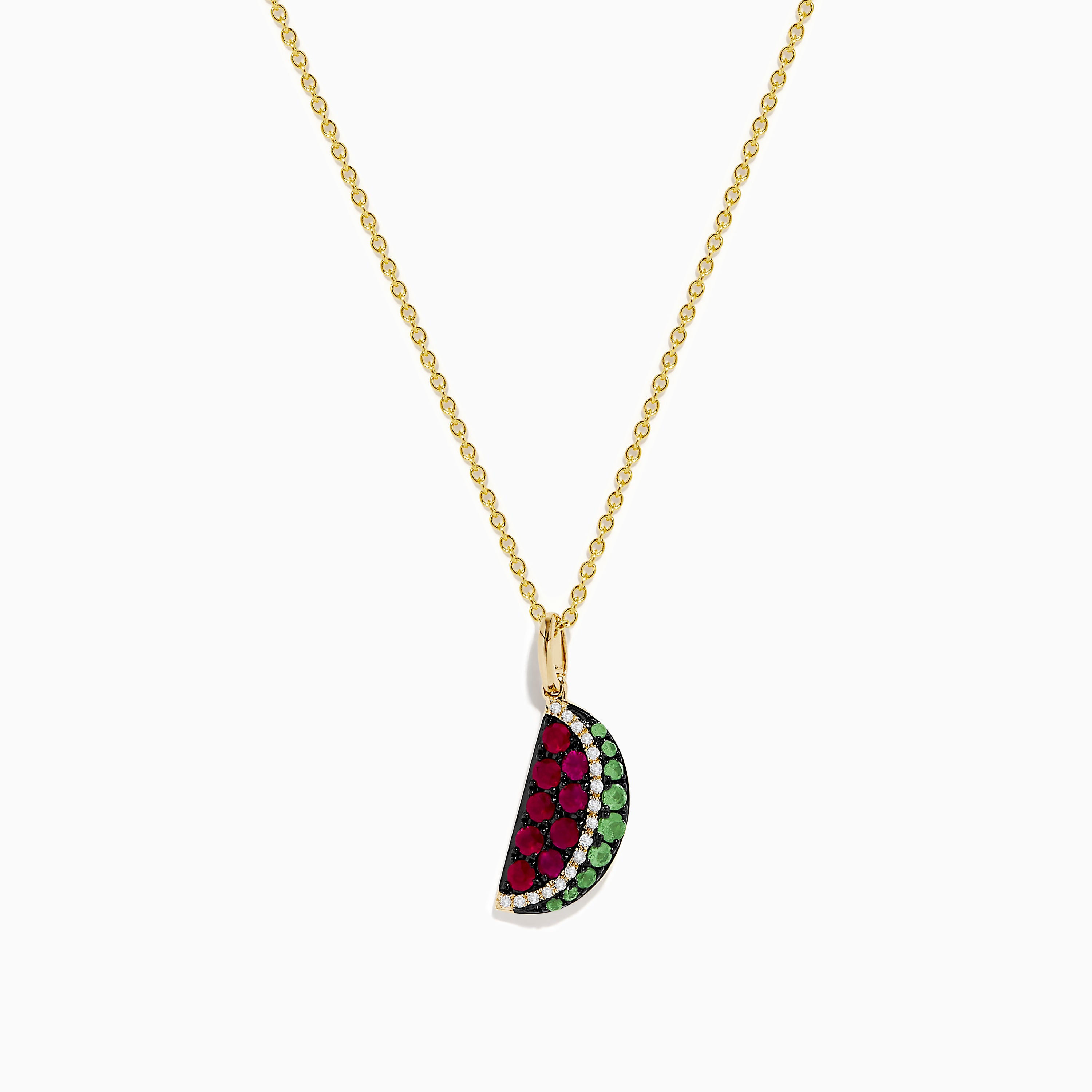 Novelty 14K Yellow Gold Ruby, Tsavorite and Diamond Watermelon Pendant ...