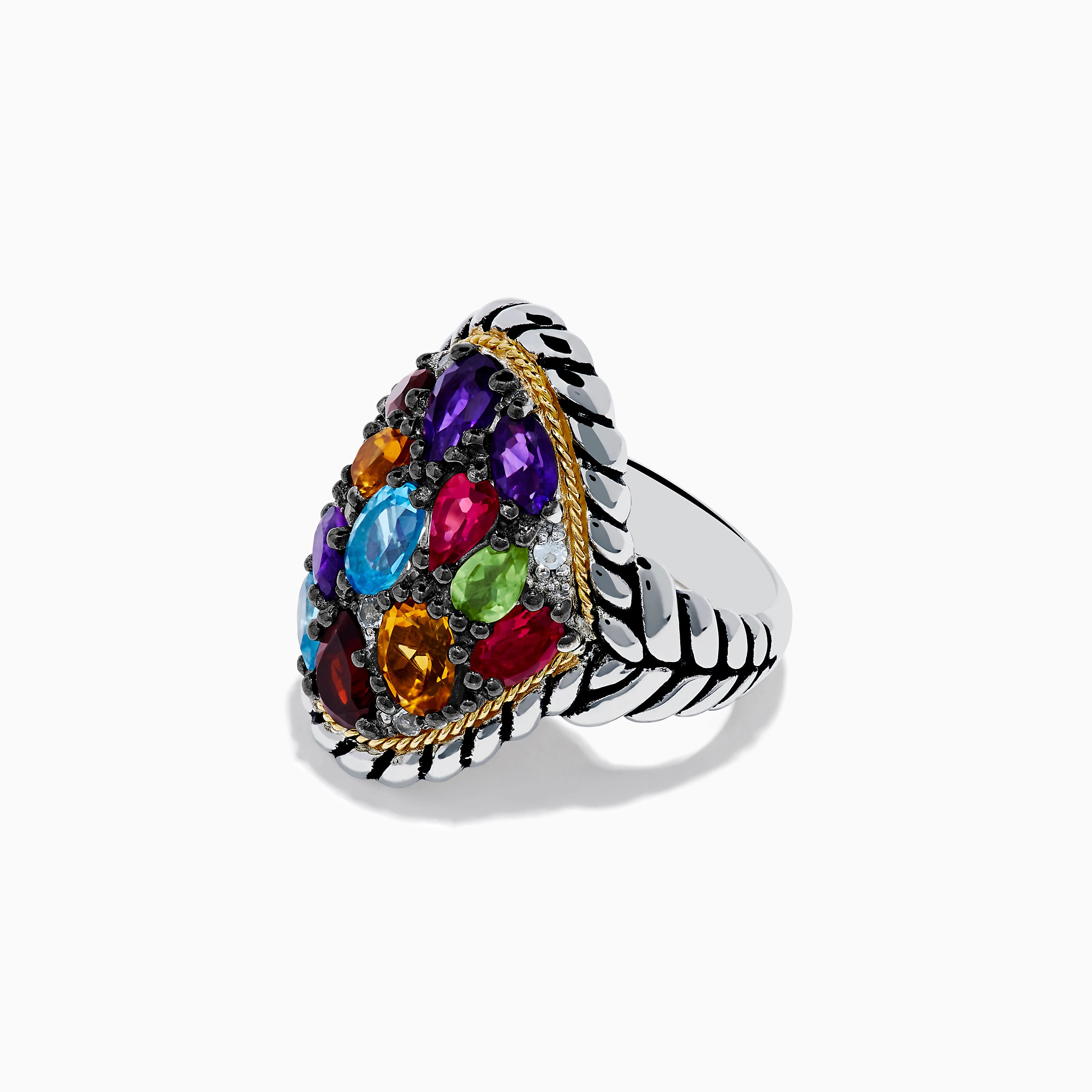 Mosaic 925 Sterling Silver & 18K Yellow Gold Multi Color Gemstone Ring ...