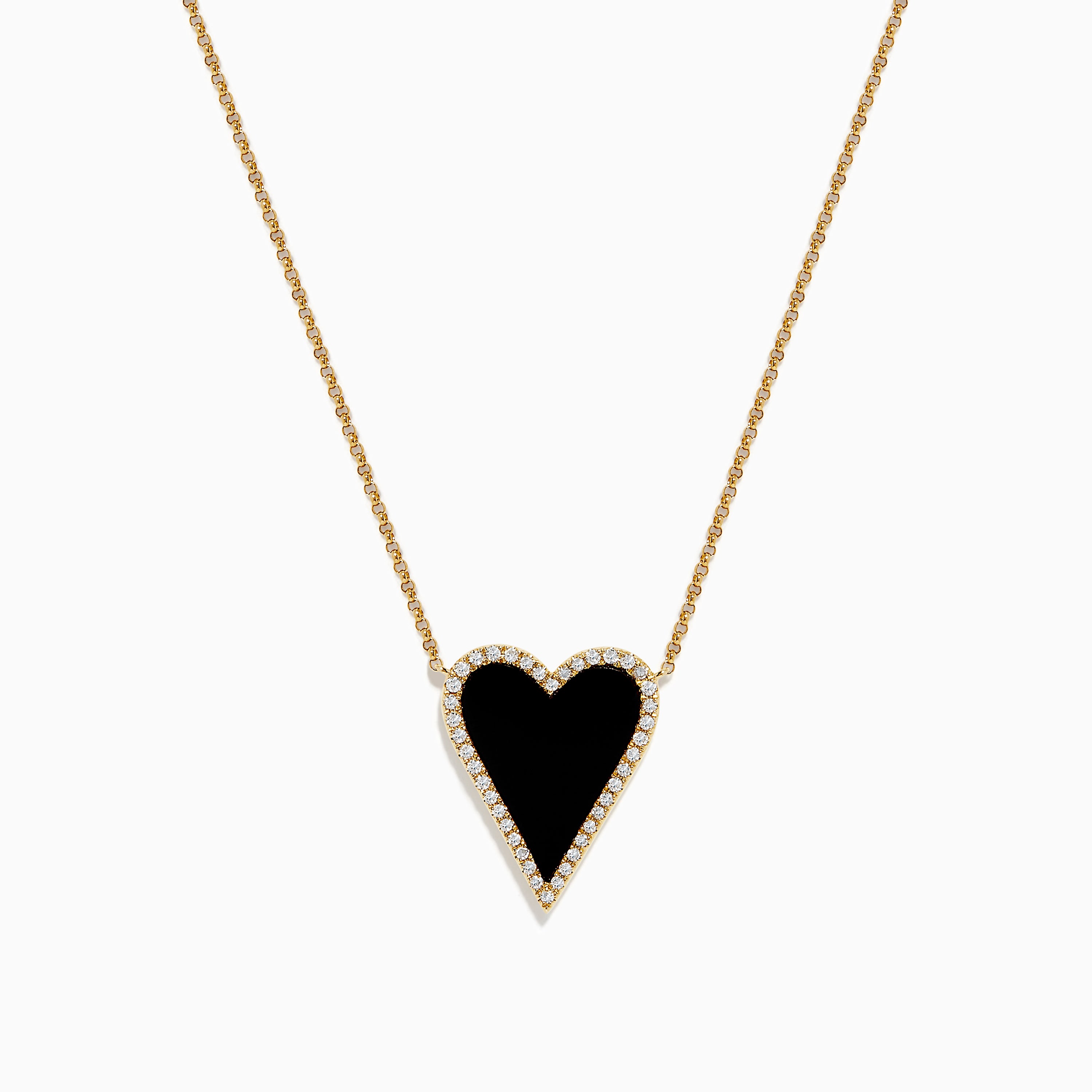 Novelty 14K Yellow Gold Onyx and Diamond Elongated Heart Pendant ...
